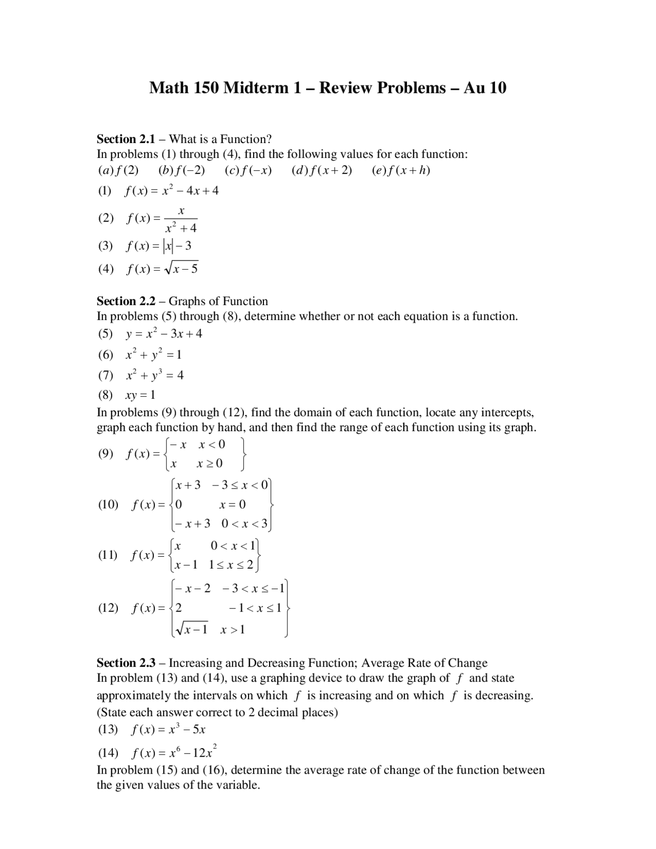 Problems Of Elementary Functions Midterm Exam Math 150 Docsity