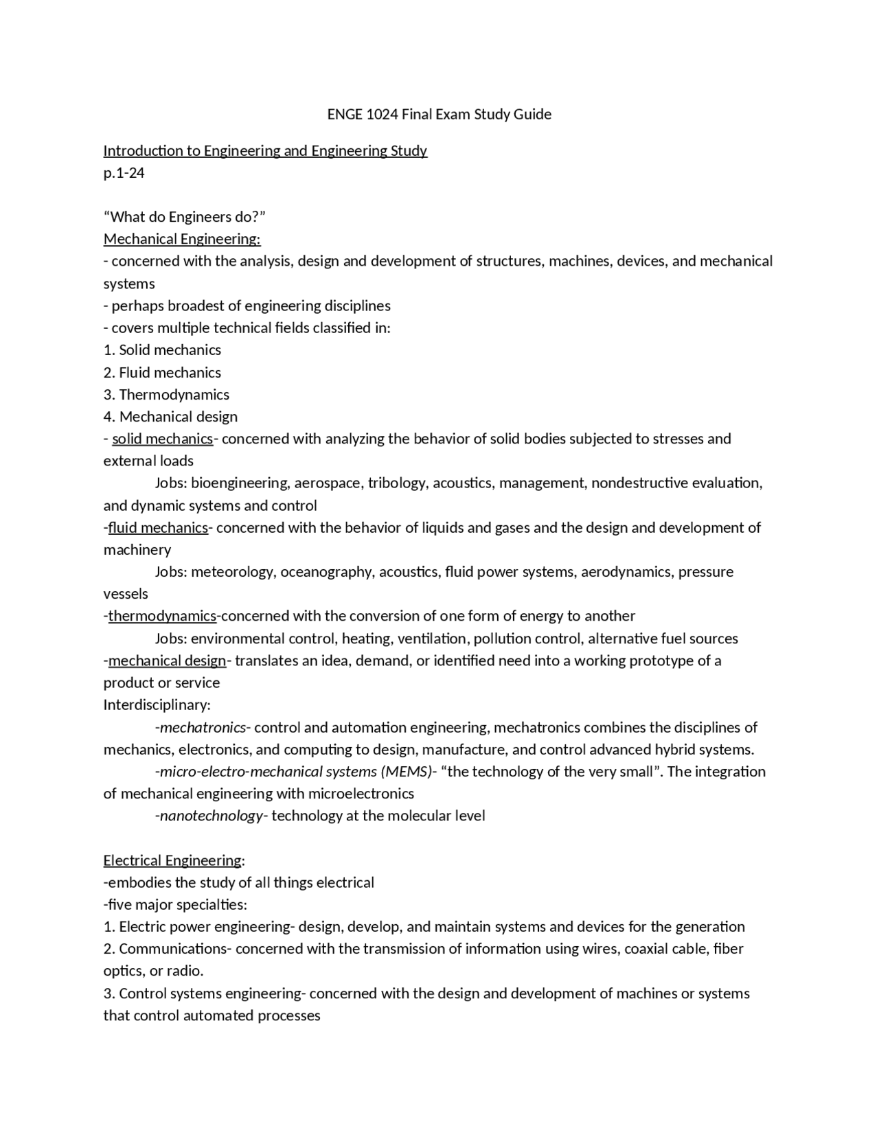 Final Exam Study Guide - Engineering Exploration | ENGE 1024 - Docsity