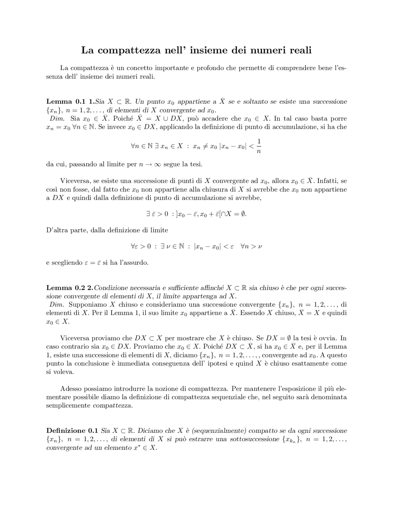 Appunti sulla Compattezza di un insieme - Matematica - Docsity