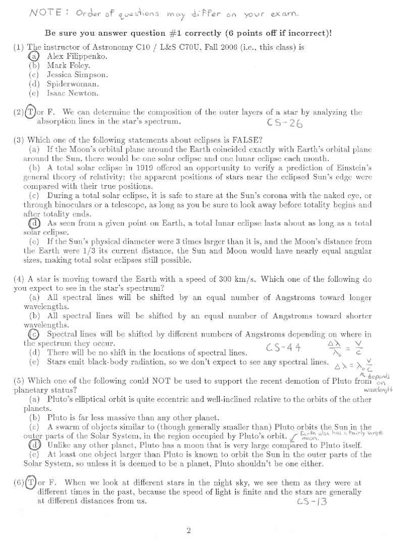 Past Exam 1 With Answer Key Introduction To General Astronomy