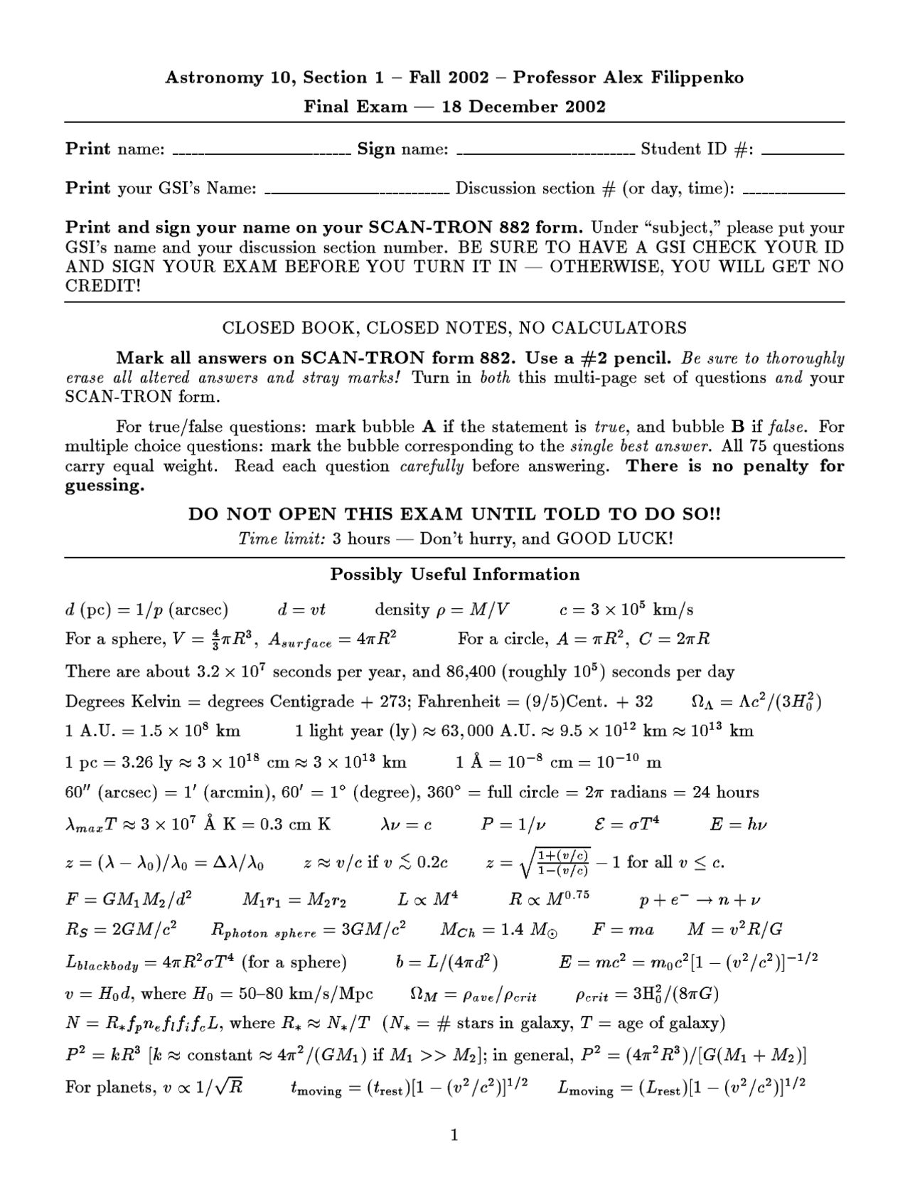 Final Exam Questions For Introduction To General Astronomy Astron C10
