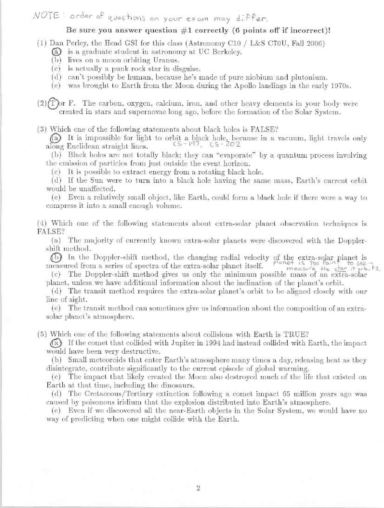 Practice Exam 2 Solutions Introduction To General Astronomy Astron