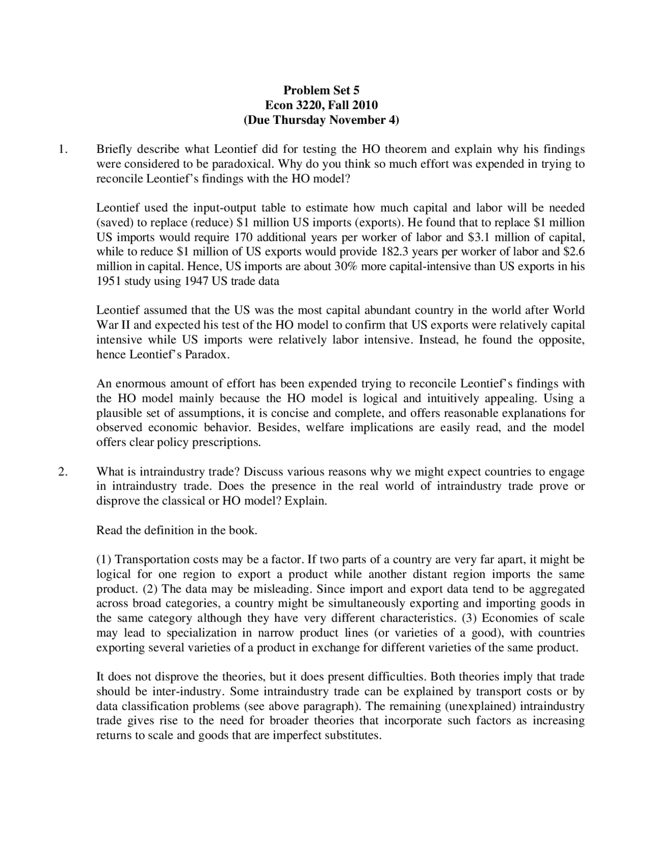 Factor Price Equalization Theorem | ECON 3220 - Docsity