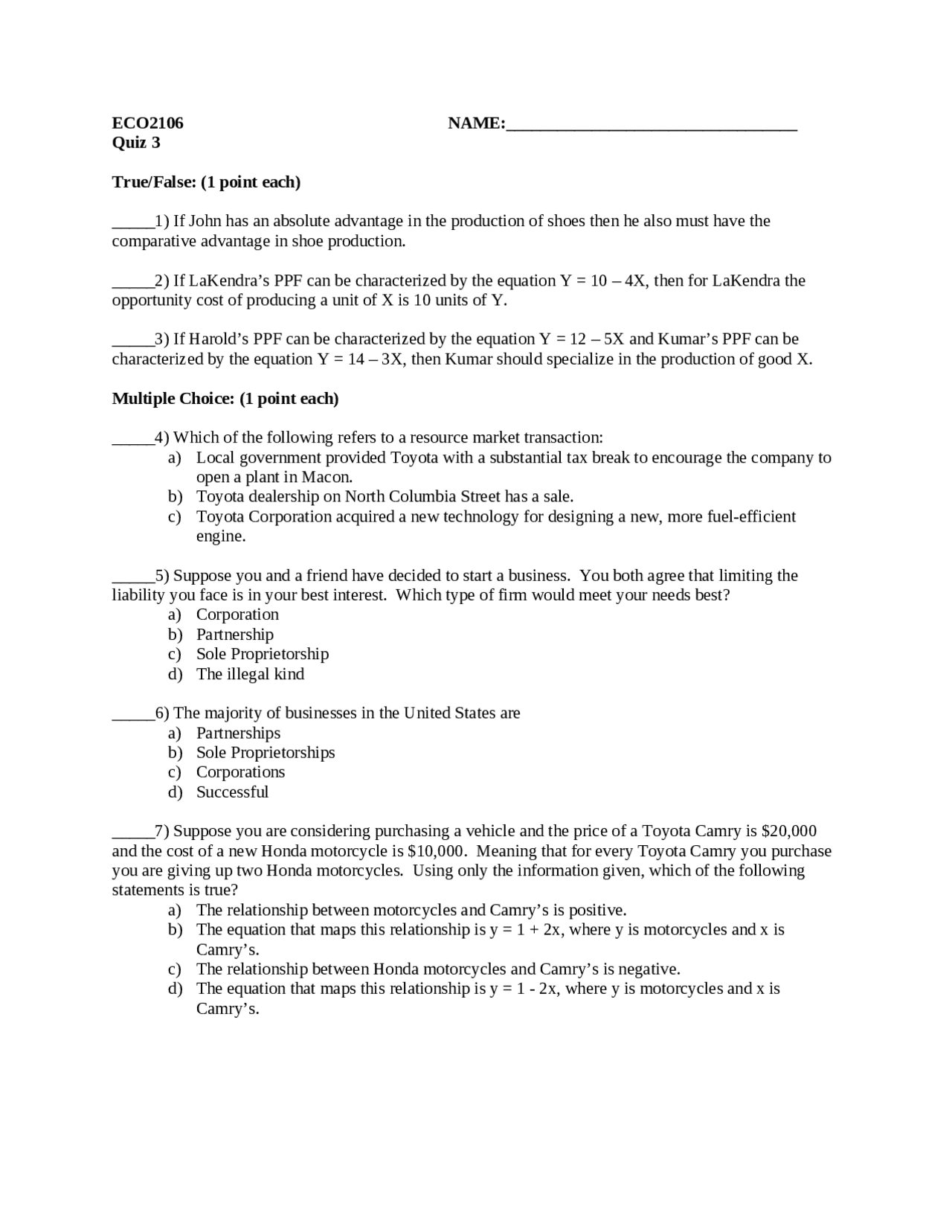Practice Quiz 3 Honors Principles Of Microeconomics Econ 2106 Docsity