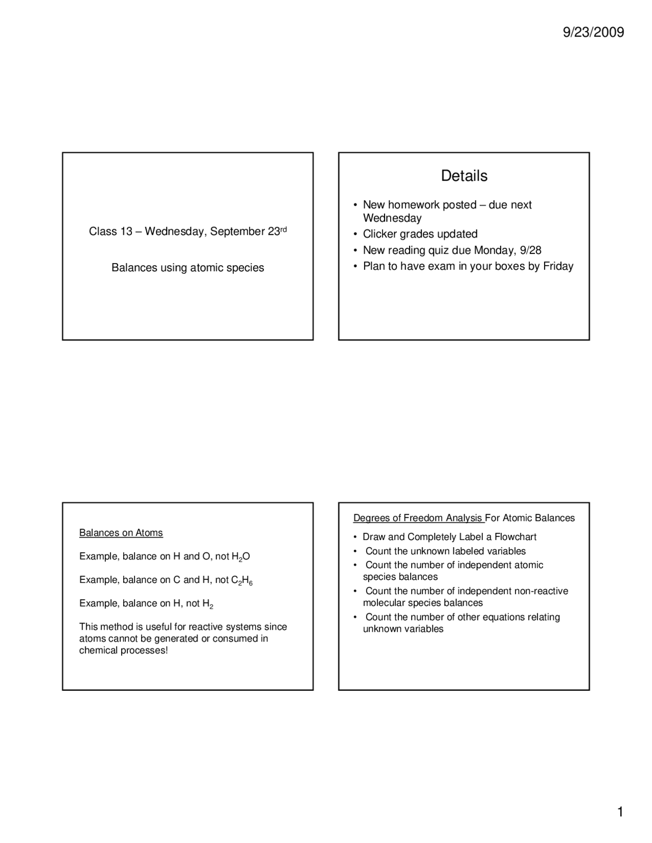 Balances Using Atomic Species Lecture Slides Chen 2120 Docsity