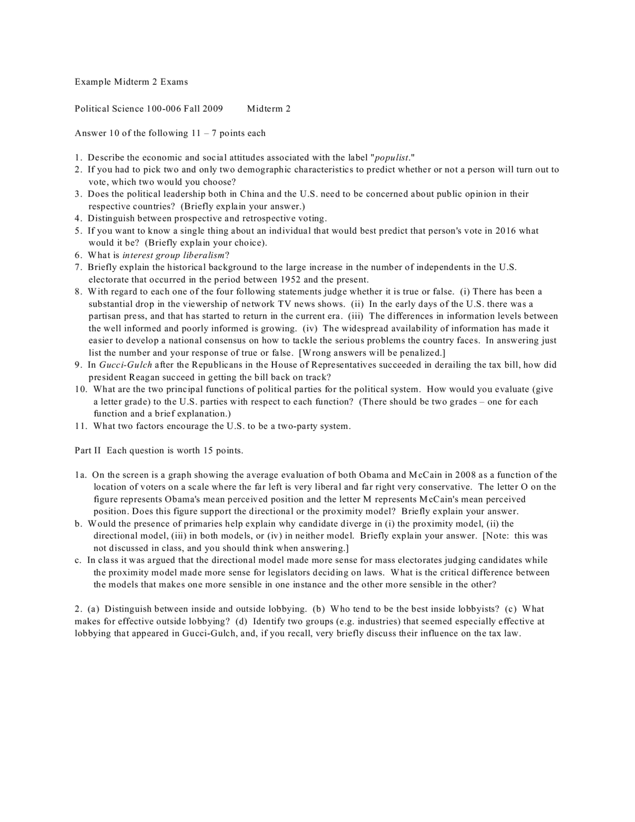 Midterm Exam 2 Example - Introduction to Government in the United ...