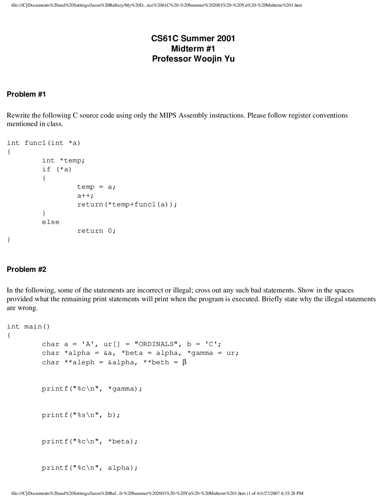 4 Solved Problems For Midterm Exam 1 Machine Structures Compsci 61c Docsity