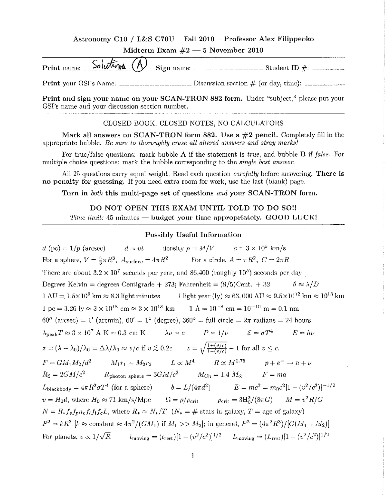 Solutions For Midterm Exam 2 Introduction To General Astronomy