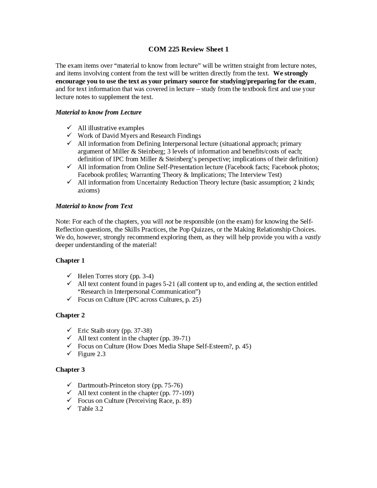 Outline for Final Exam - Introduction to Interpersonal Communication | COM 225 - Docsity