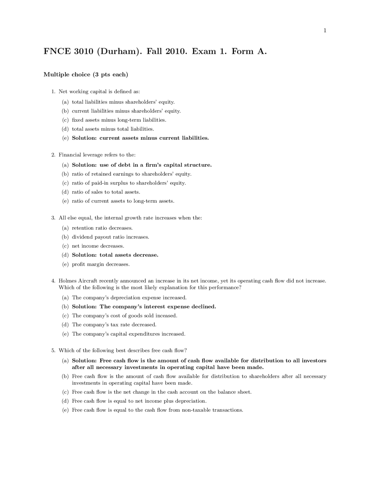 Examination 1 Solutions Corporate Finance Fnce 3010 Docsity