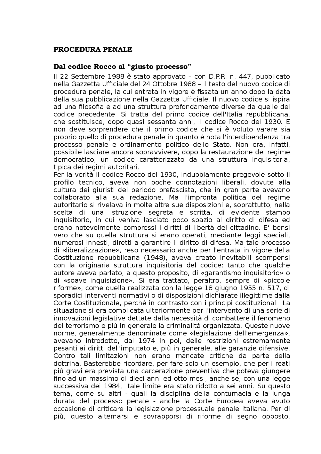 Procedura Penale Dal Codice Rocco Al Giusto Processo Docsity