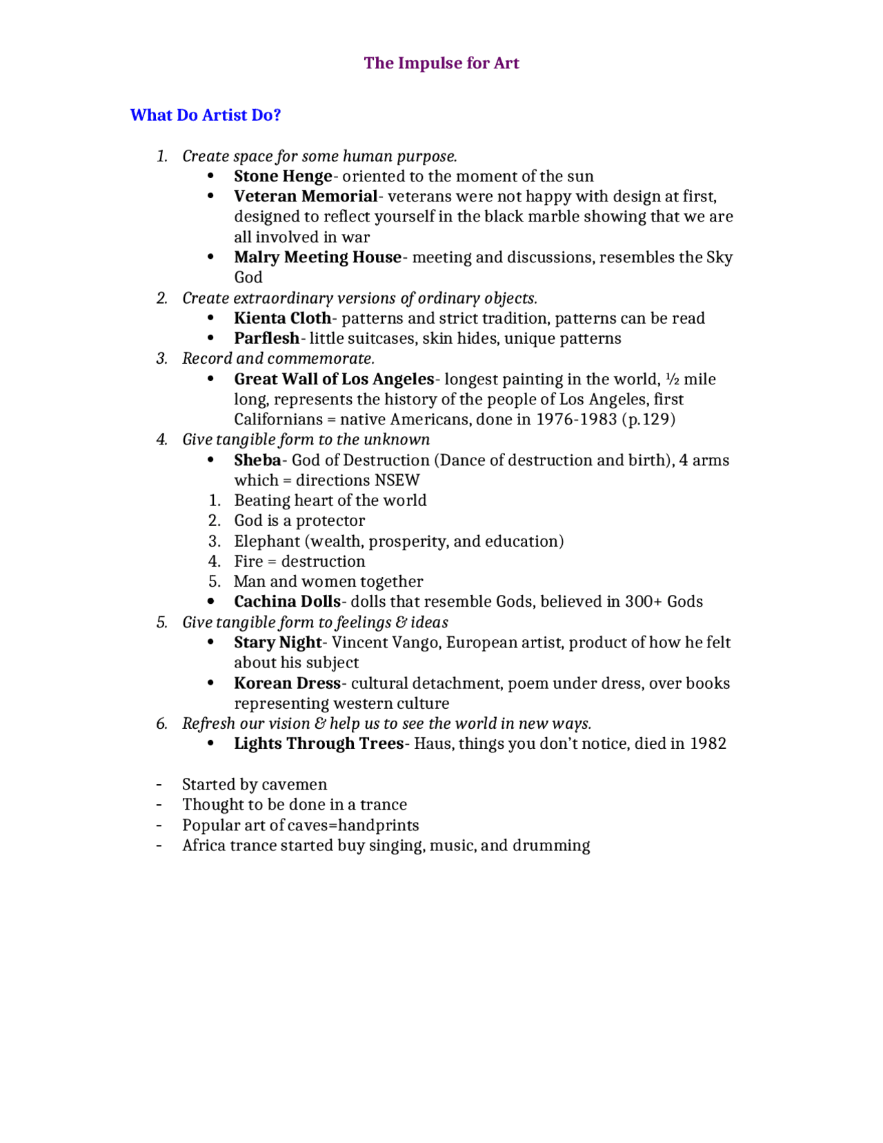 The Impulse of Art in the Visual Arts - Study Guide | ART 2011 - Docsity