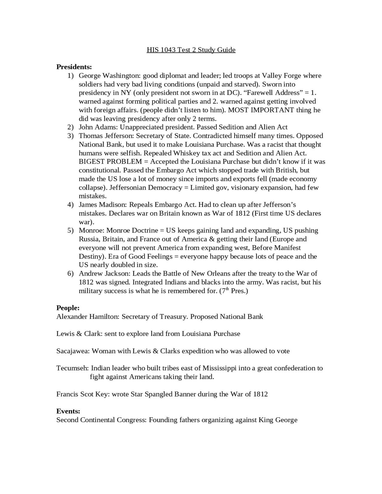 Test 2 Study Guide - United States History: Pre-Columbus to Civil War ...