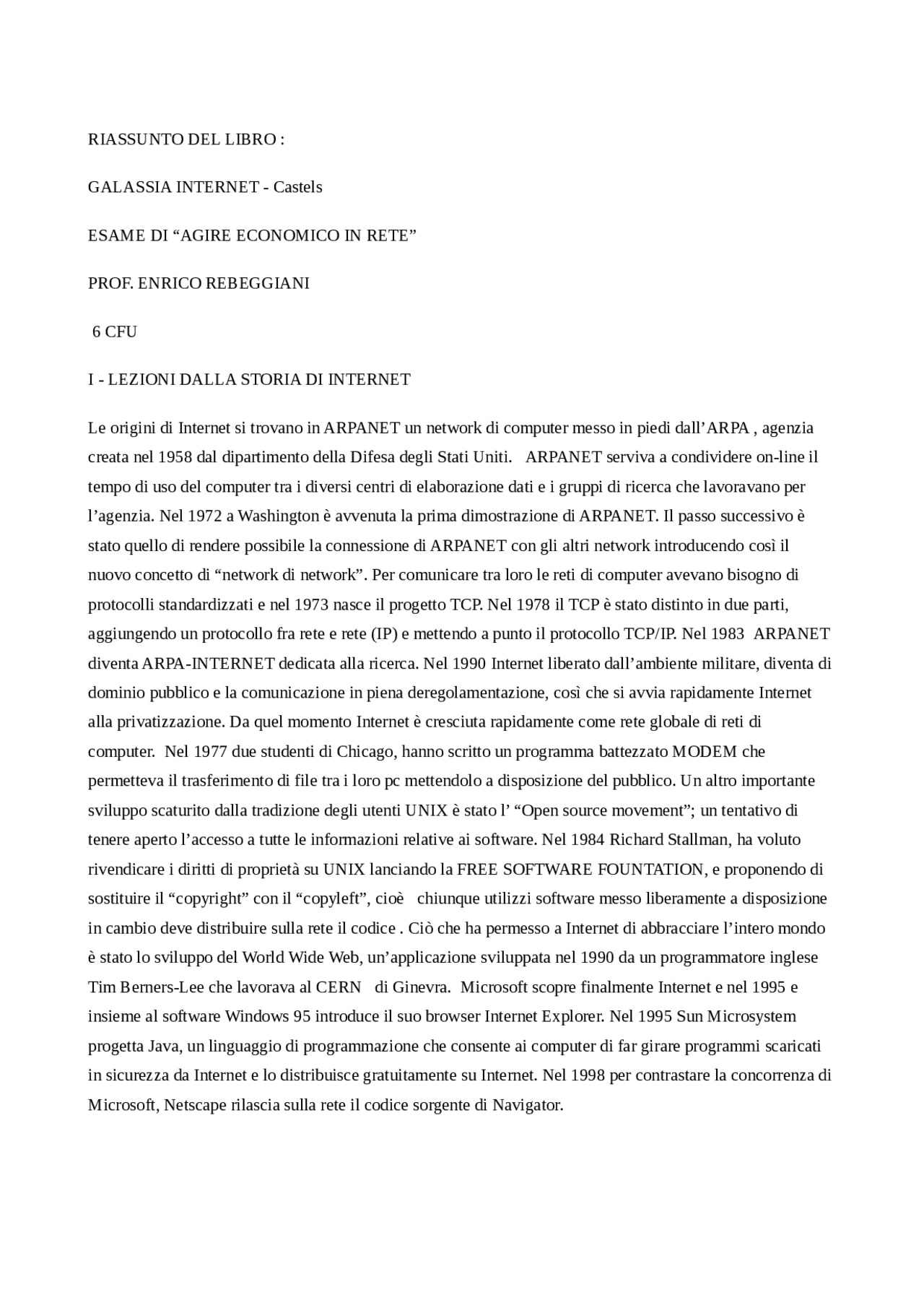 Appunti Lezioni Sul Testo Galassia Internet Di Castells Docsity