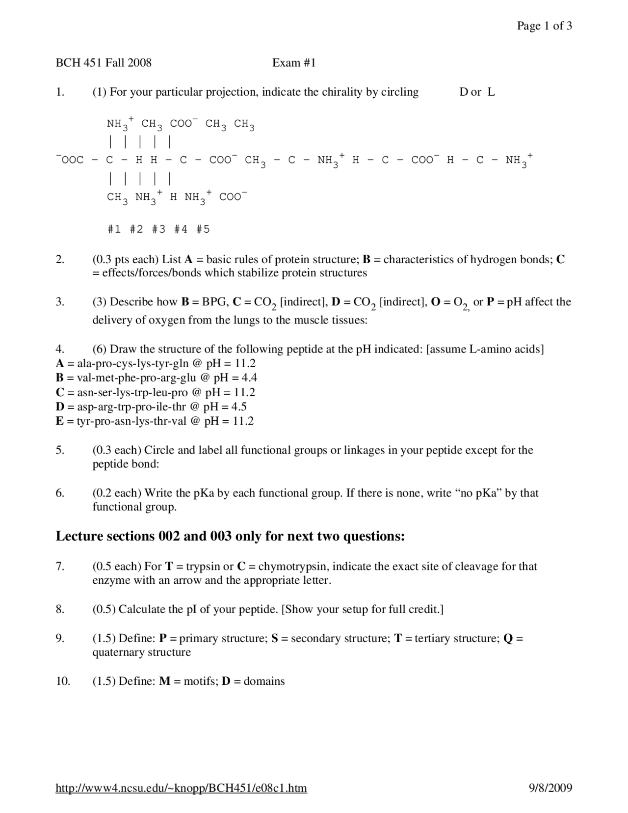 Solutions For Exam 1 Principles Of Biochemistry Bch 451 Docsity