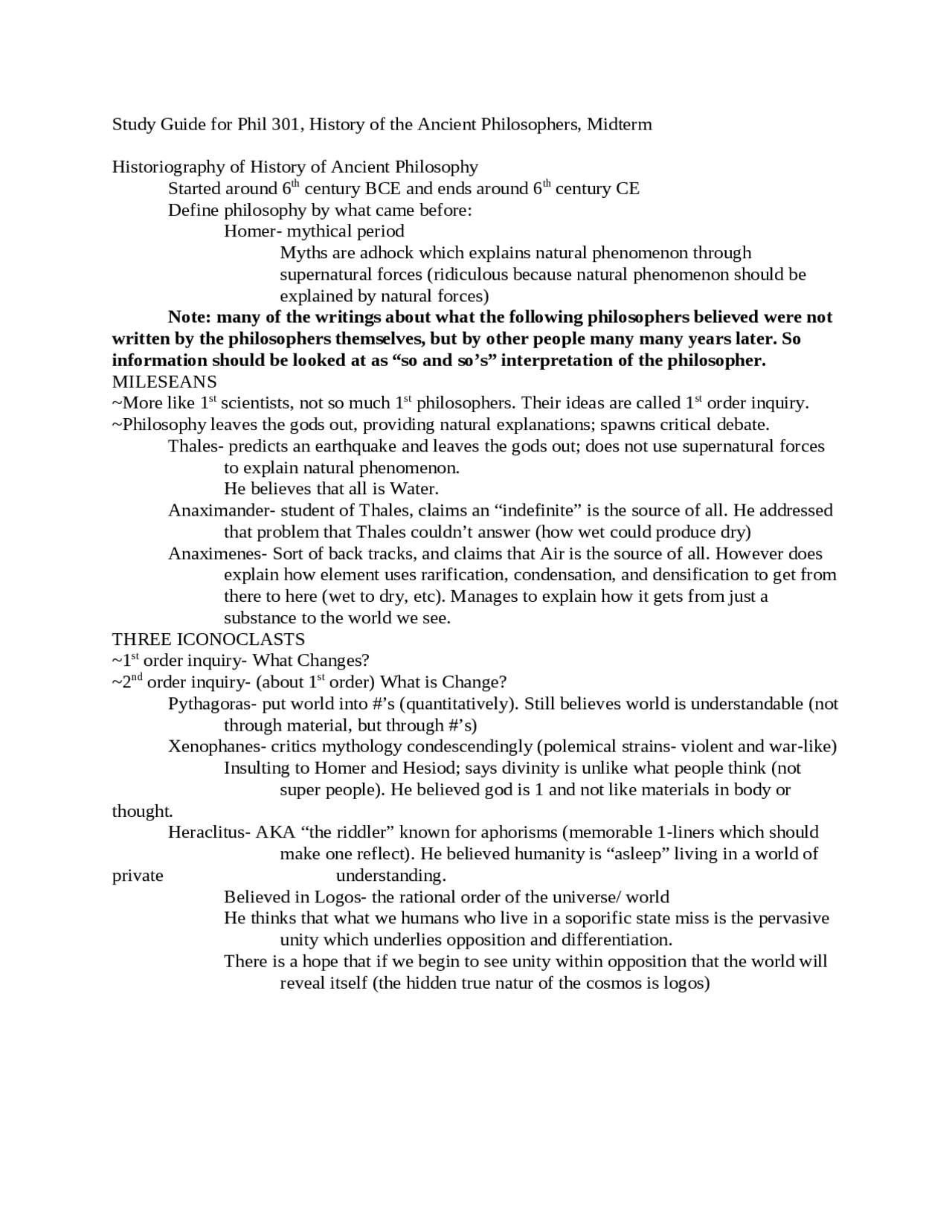 Study Guide for History Of Ancient Philosophy - Midterm | PHIL 30100 ...