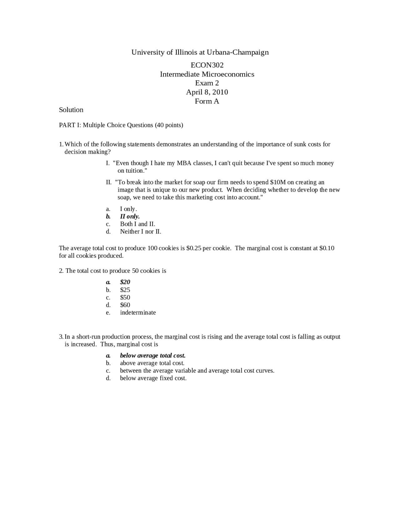 Solutions For Exam 2 Intermediate Microeconomic Theory Econ 302