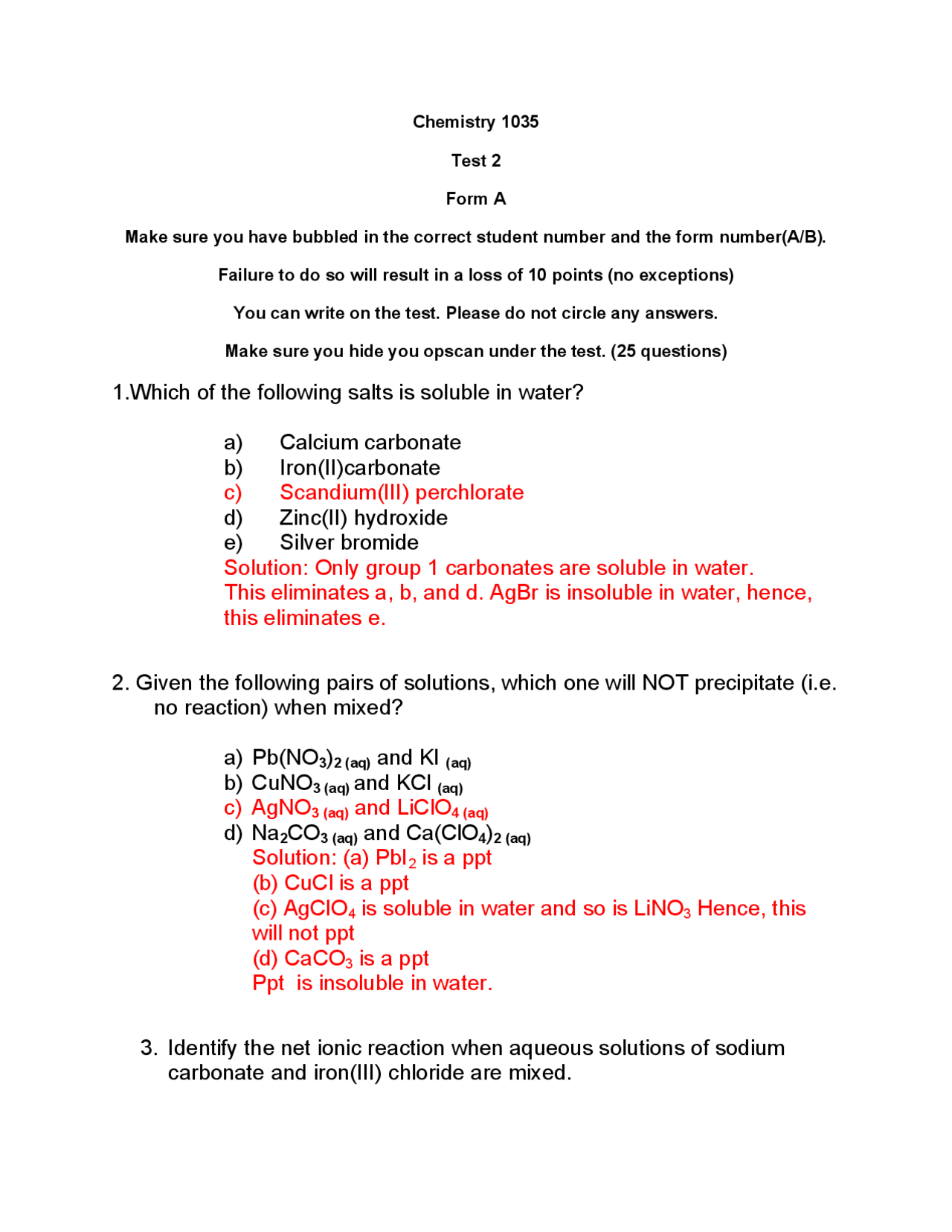 Exam with Solution for General Chemistry | CHEM 1035 - Docsity