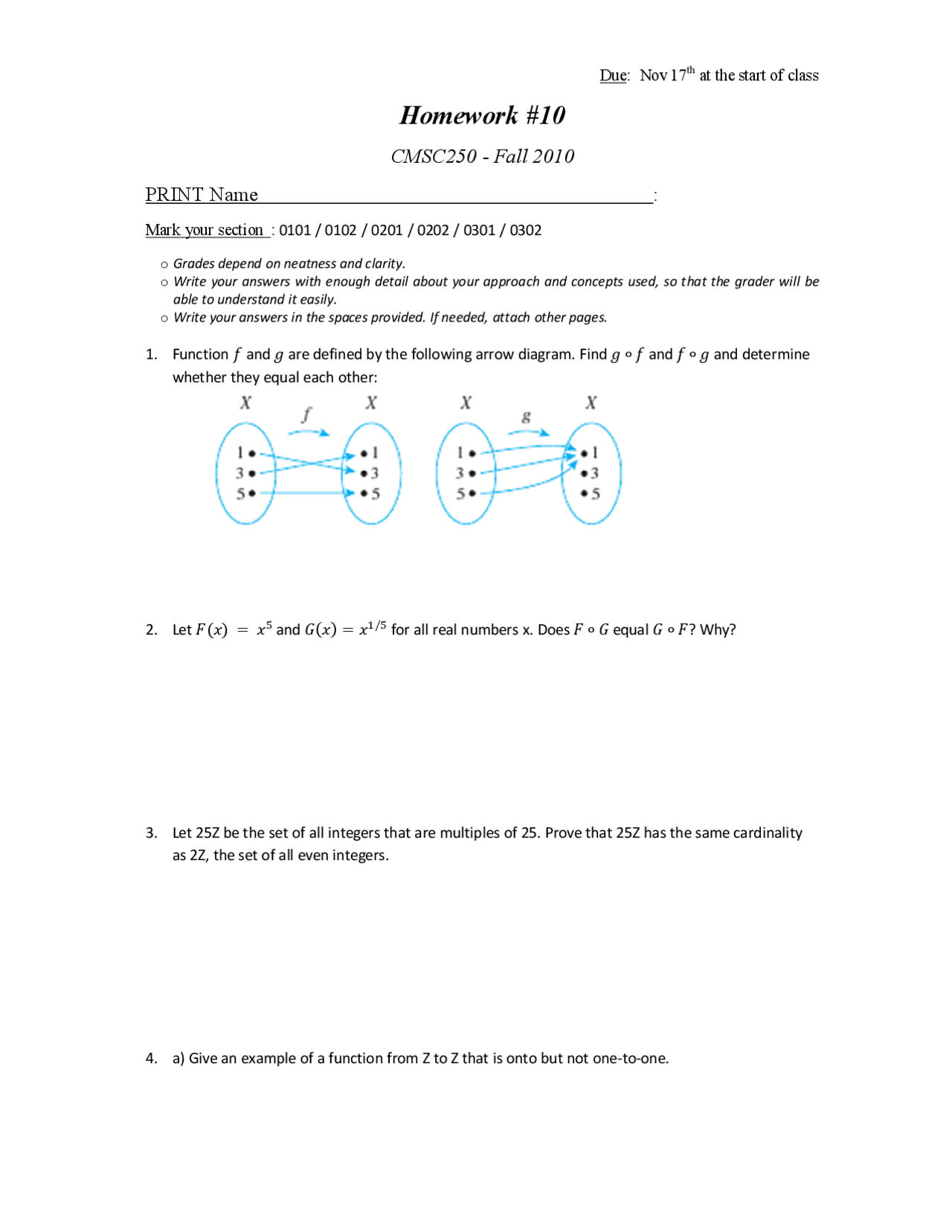 Homework 10 Question on Discrete Structures | CMSC 250 - Docsity
