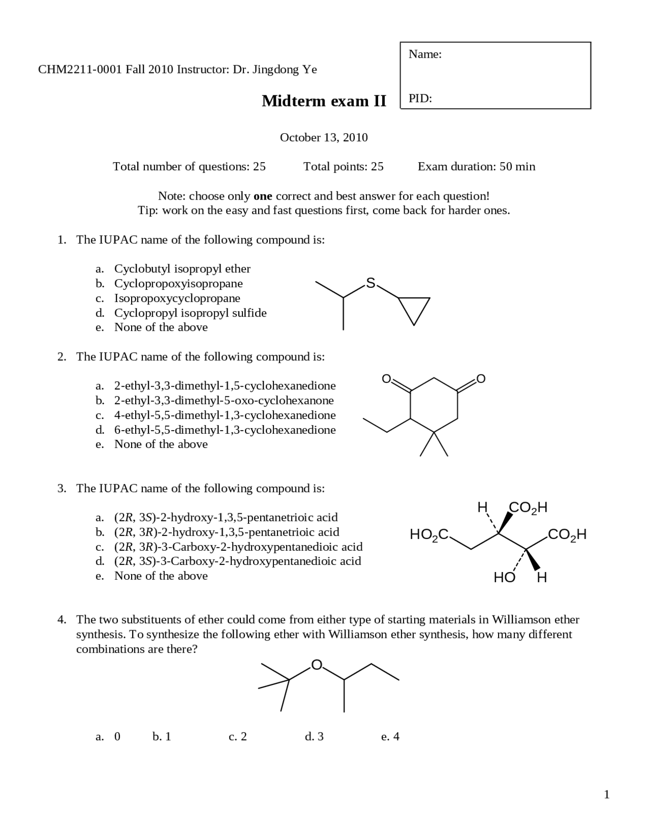 Organic Chemistry Ii Midterm Exam 2 Fall 2010 Chm 2211 Docsity