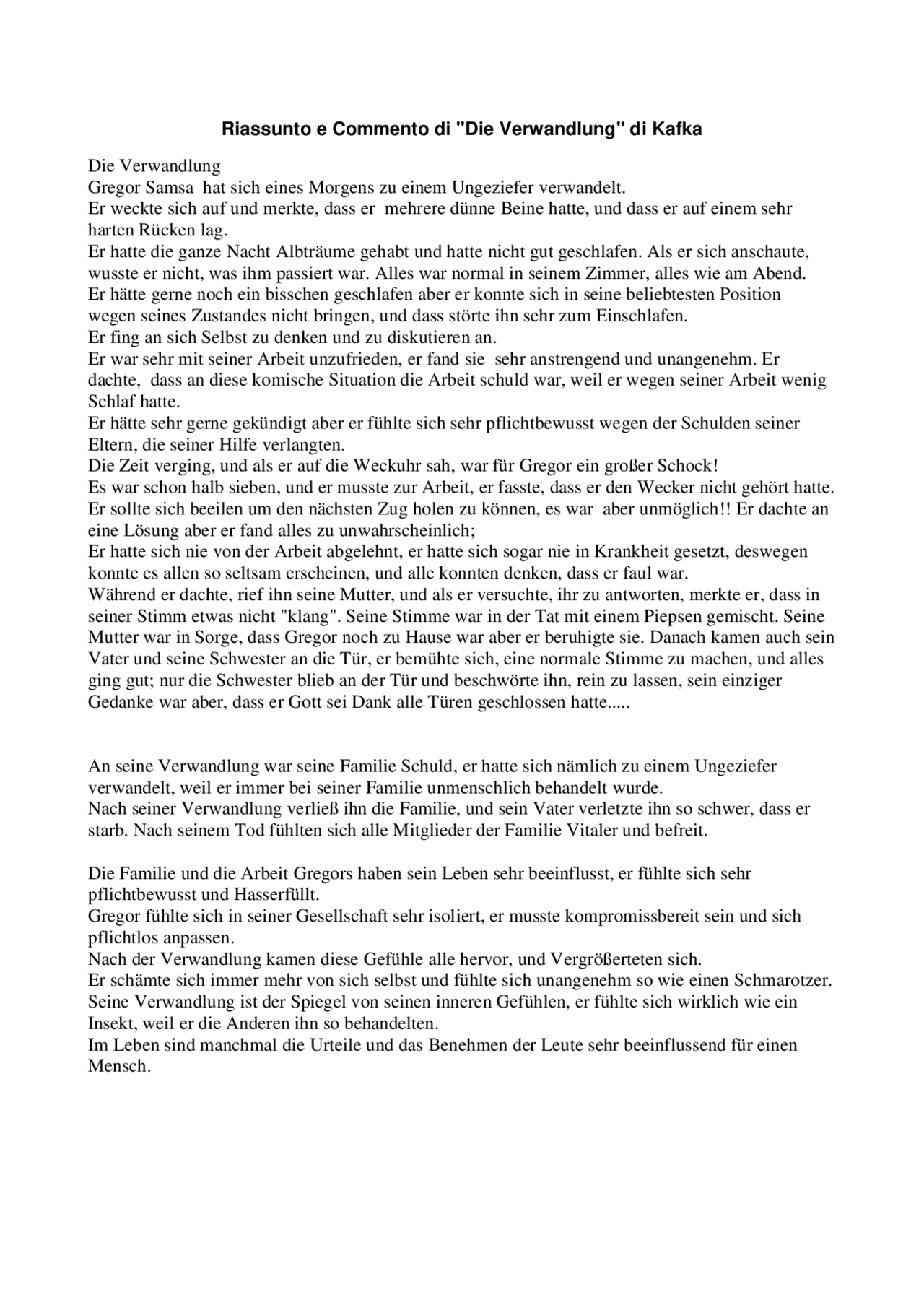 Tedesco Riassunto E Commento Di Die Verwandlung Di Kafka Docsity