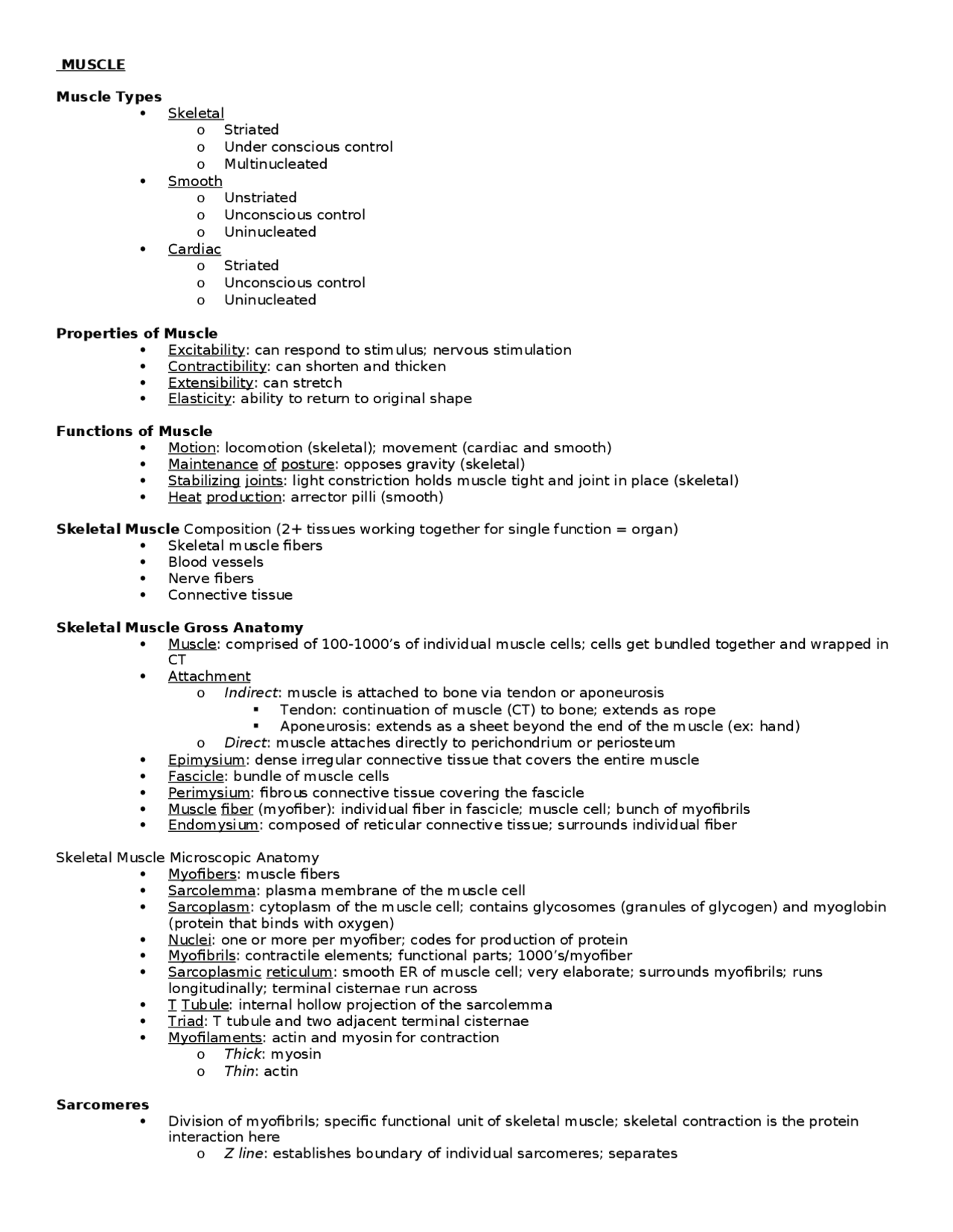 Notes on Muscles - Human Anatomy and Physiology I | BIOSC 222 - Docsity