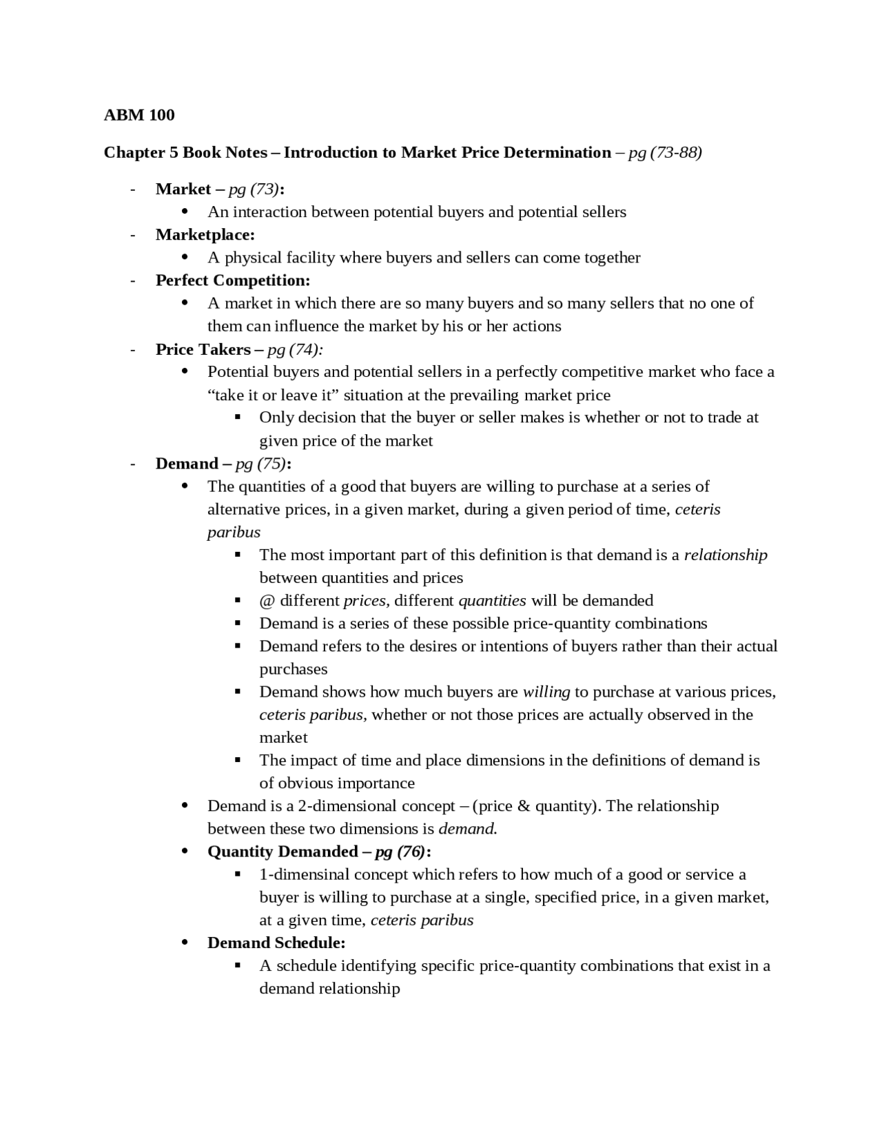 Notes On Introduction To Market Price Determination Decision Making