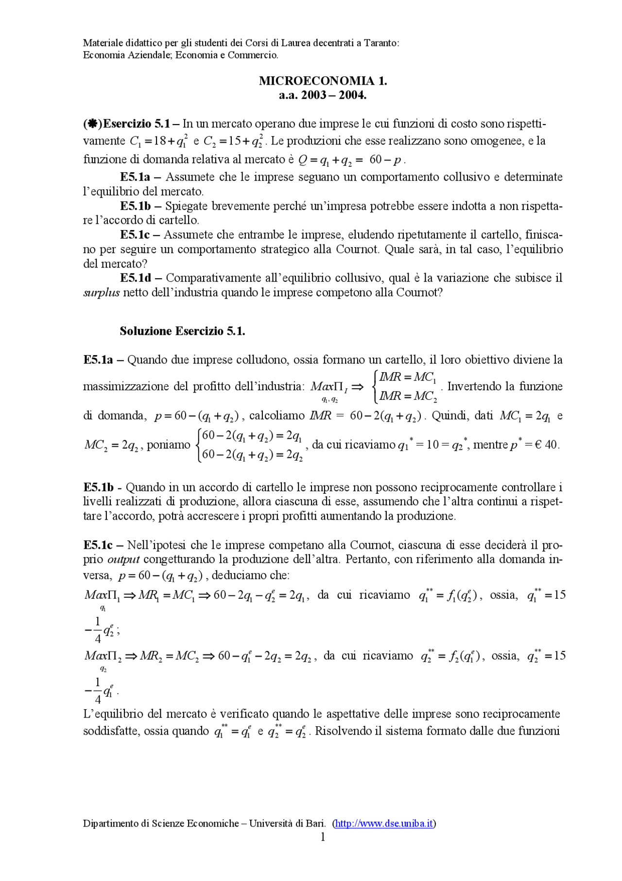 Microeconomia Esercizi 5 Docsity