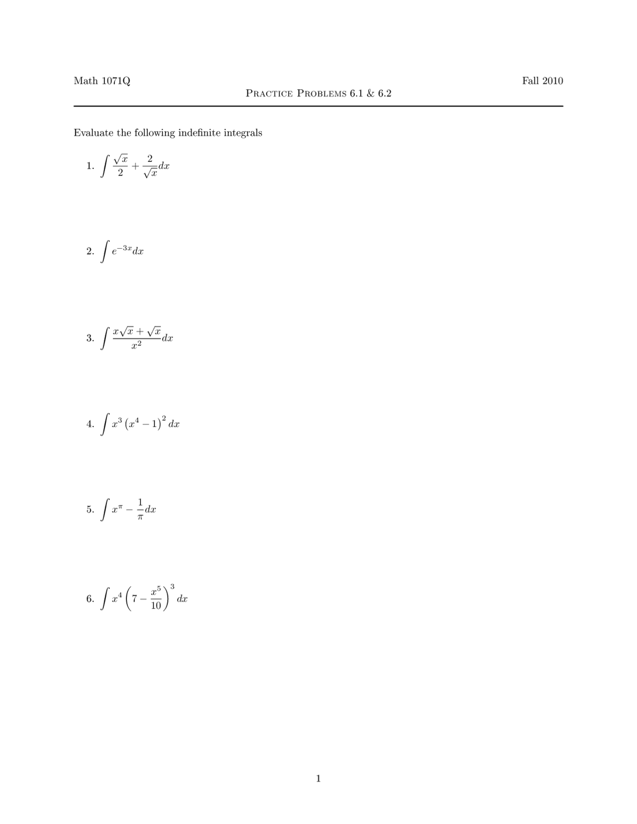Evaluate Indefinite Integrals - Practice Problems | MATH 1071Q - Docsity