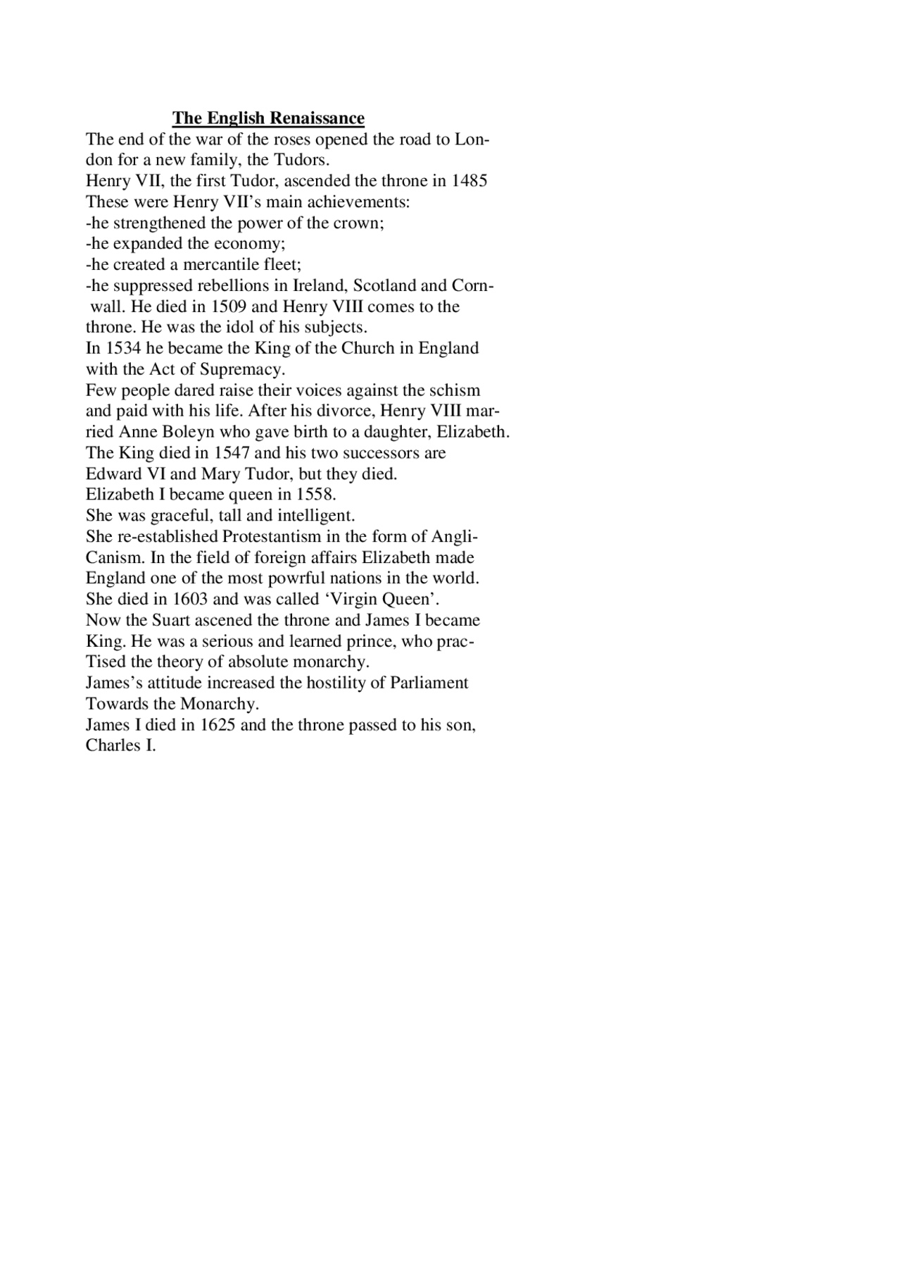 Inglese The English Renaissance Docsity