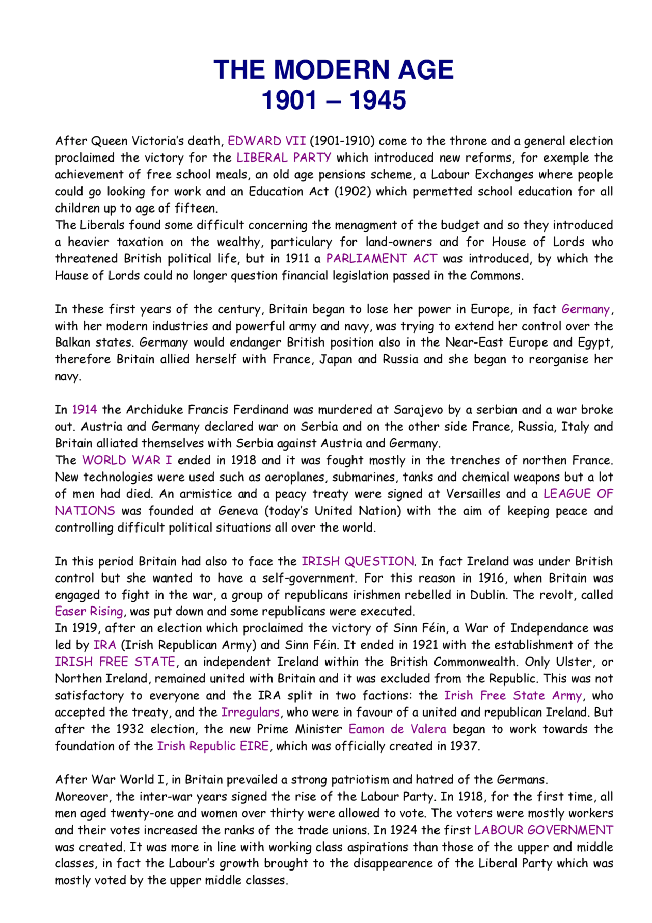 Inglese - THE MODERN AGE 1901 – 1945 - Docsity