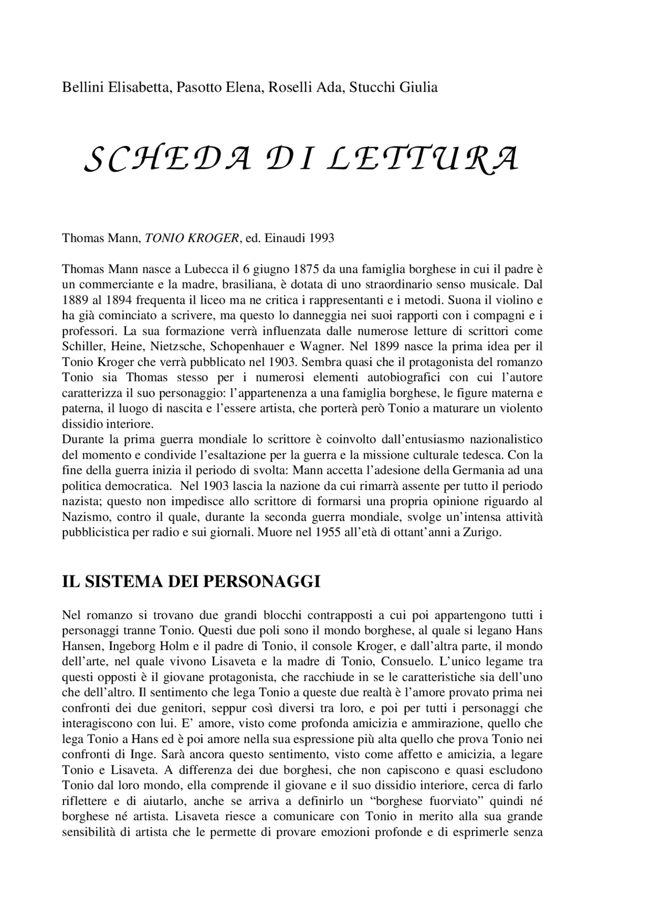 Letteratura Thomas Mann Tonio Kroger Docsity