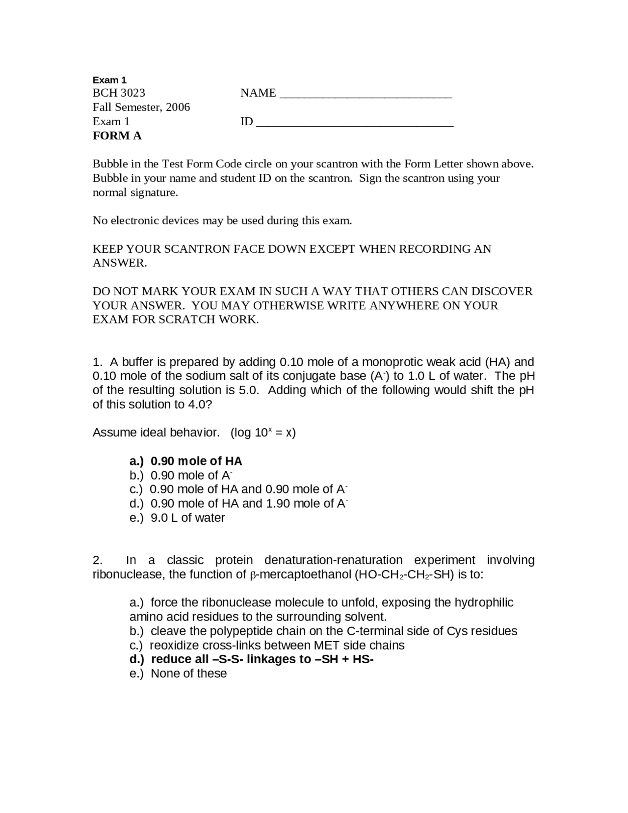 20 Mcqs For Exam 1 Introductory Biochemistry Bch 3023 Docsity