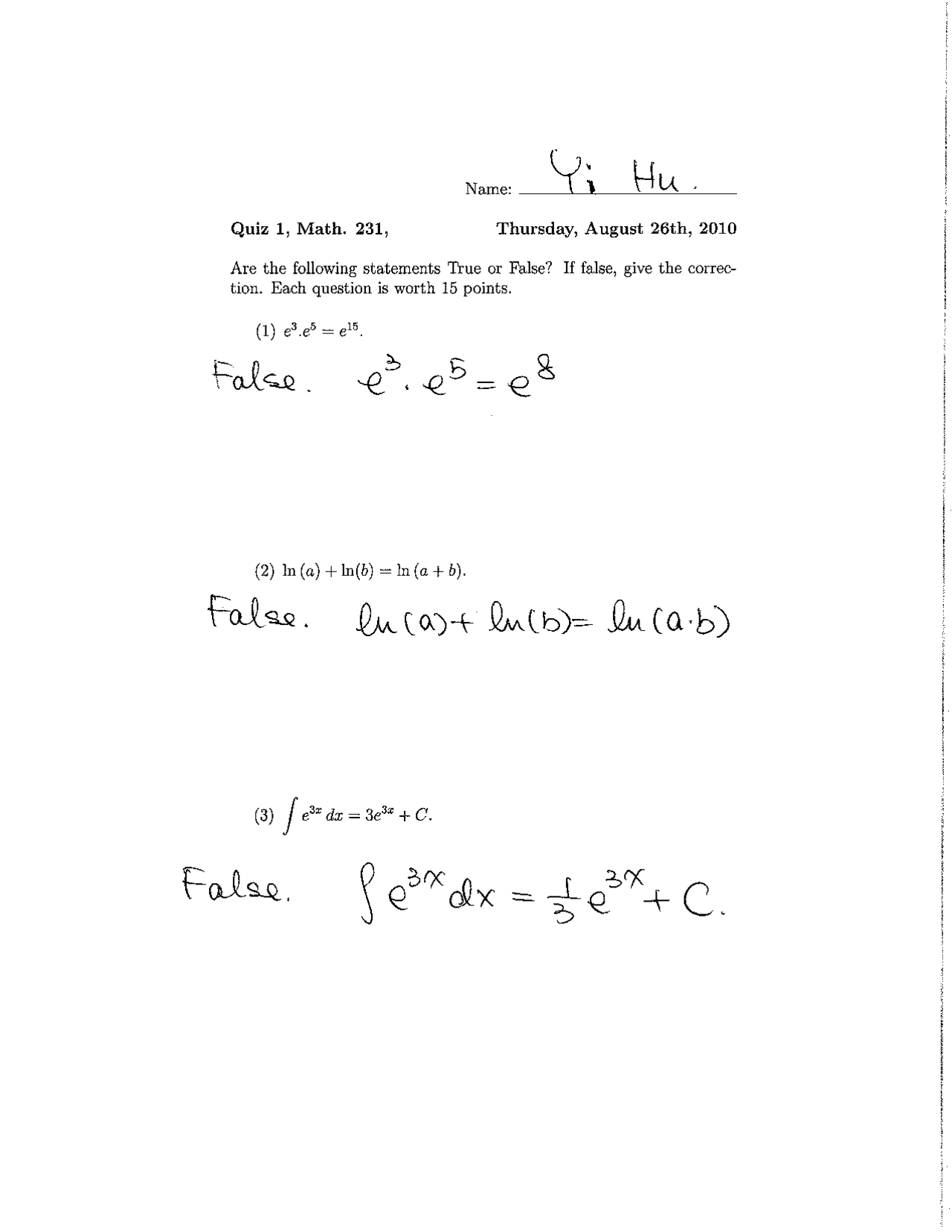 Quiz 1 With Resolution Calculus Ii Math 231 Docsity