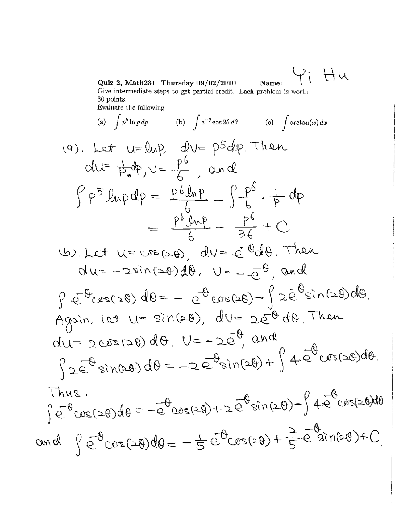 Quiz 2 With Solutions Calculus Ii Fall 2010 Math 231 Docsity