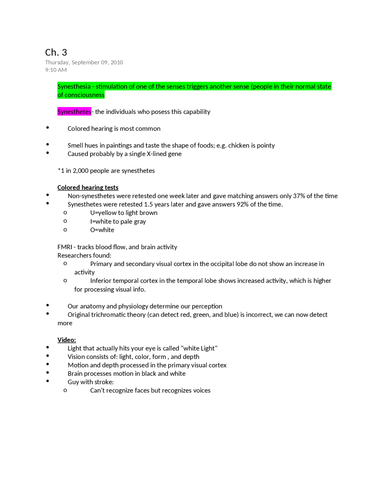 Synesthesia Sensory And Perceptual Processes Test I Notes Psyc
