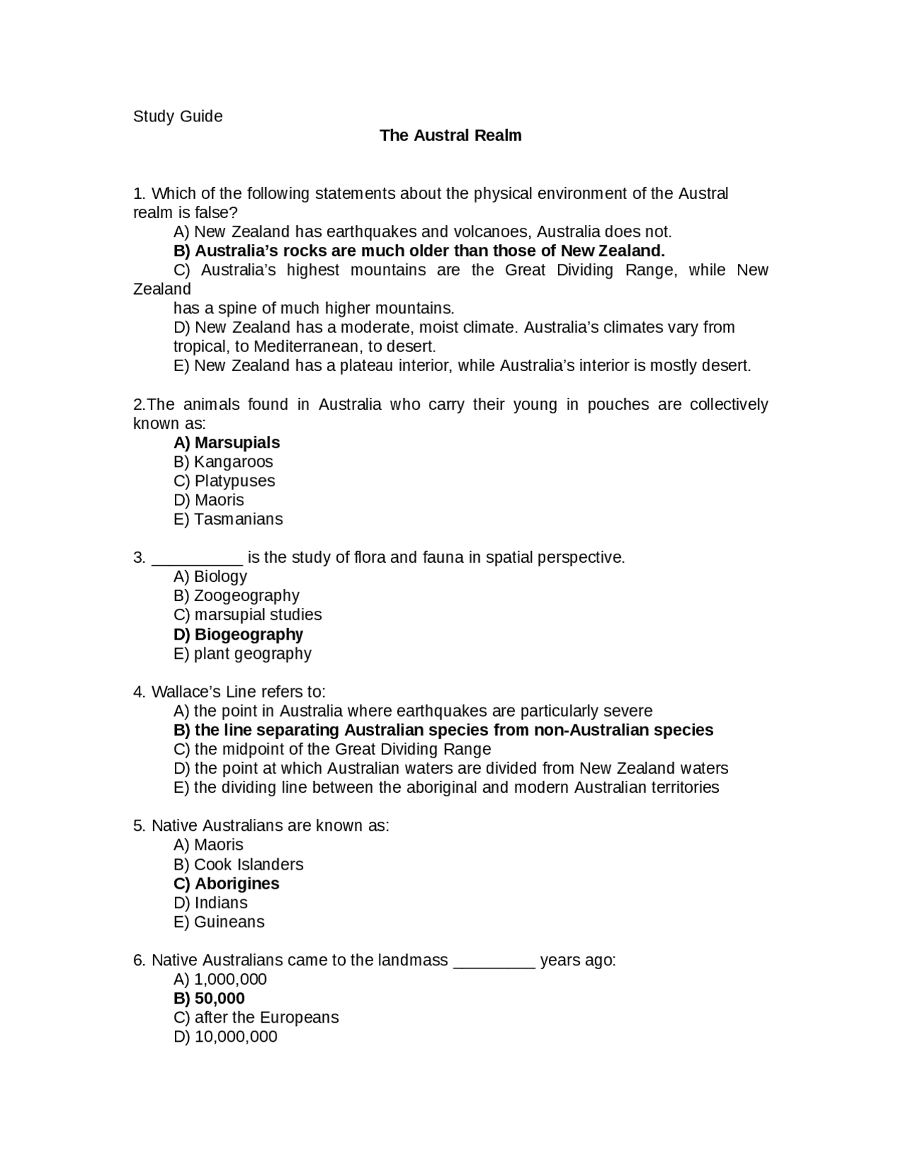 Austral Realm - Study Guide with Answers | GEOG 1010 - Docsity