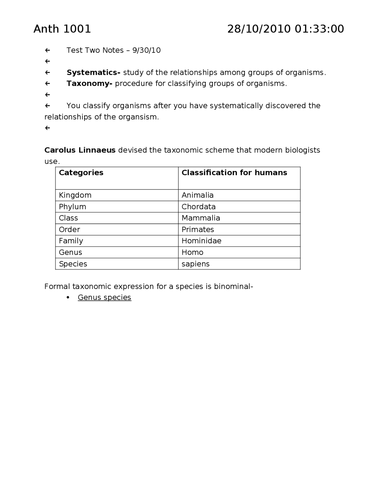 Systematics And Taxonomy Lecture Notes Anth 1001 Docsity