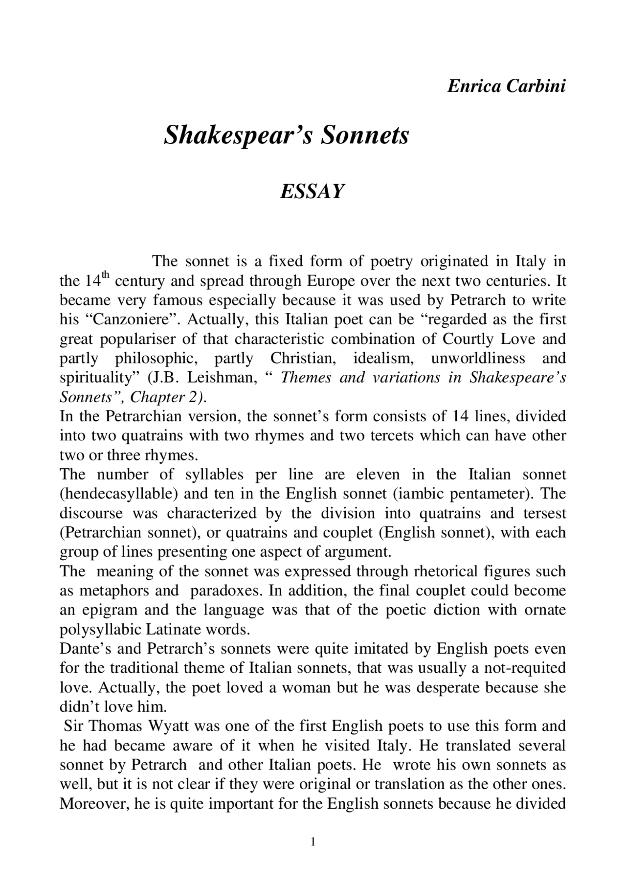 Letteratura Inglese Shakespears Sonnets Docsity