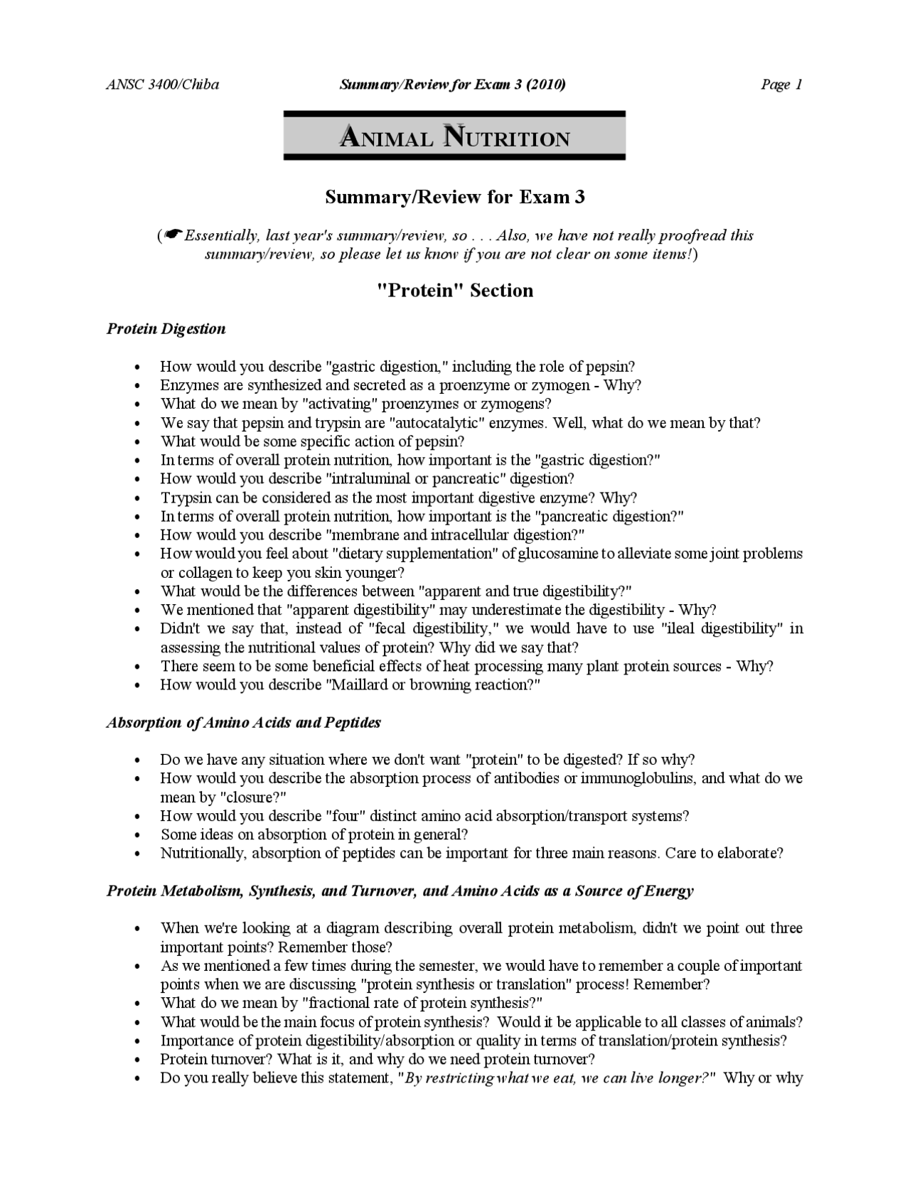 Final Study Guide - Animal Nutrition - Lecture Notes | ANSC 3400 - Docsity