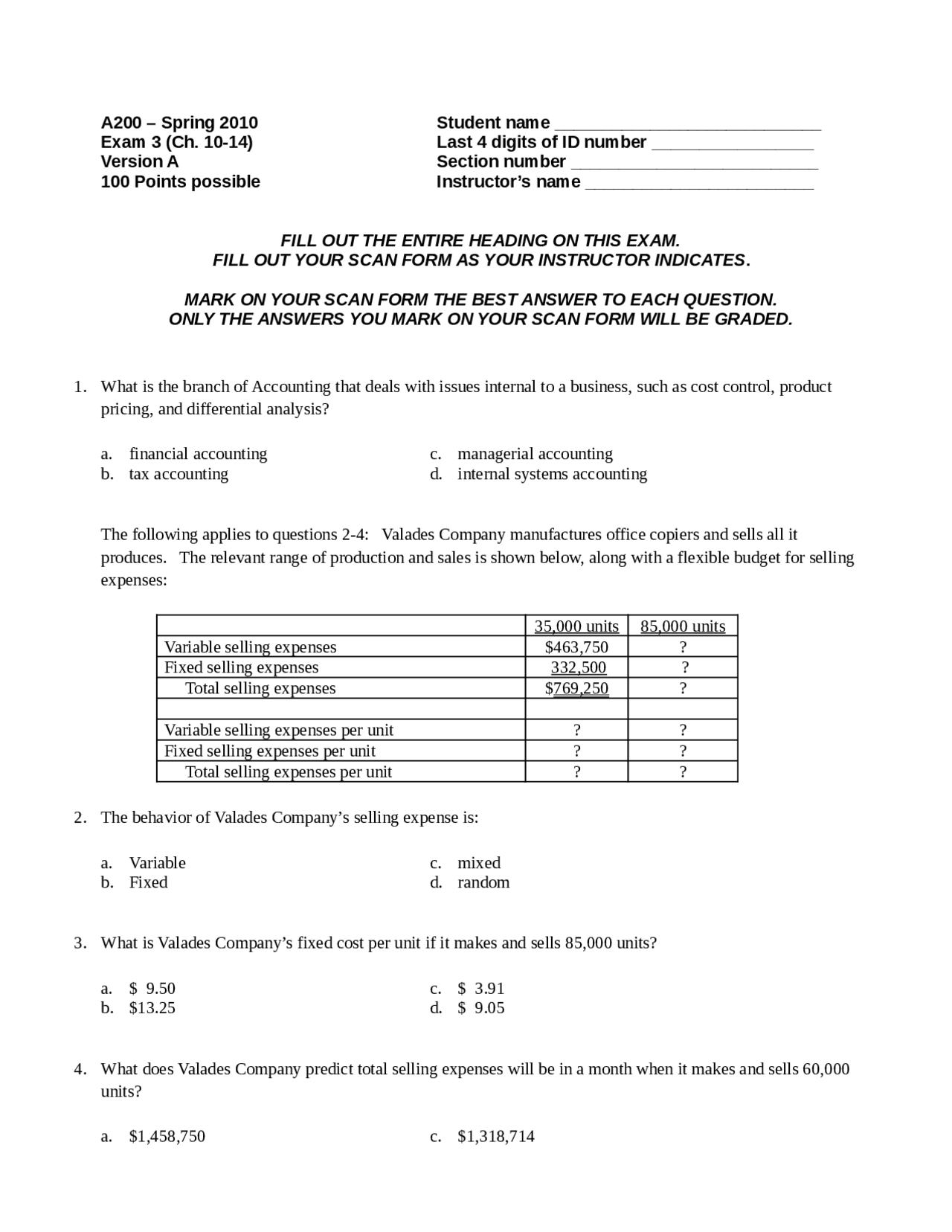 Exam 3 Form A Answers Foundations Of Accounting Acct 200 Docsity