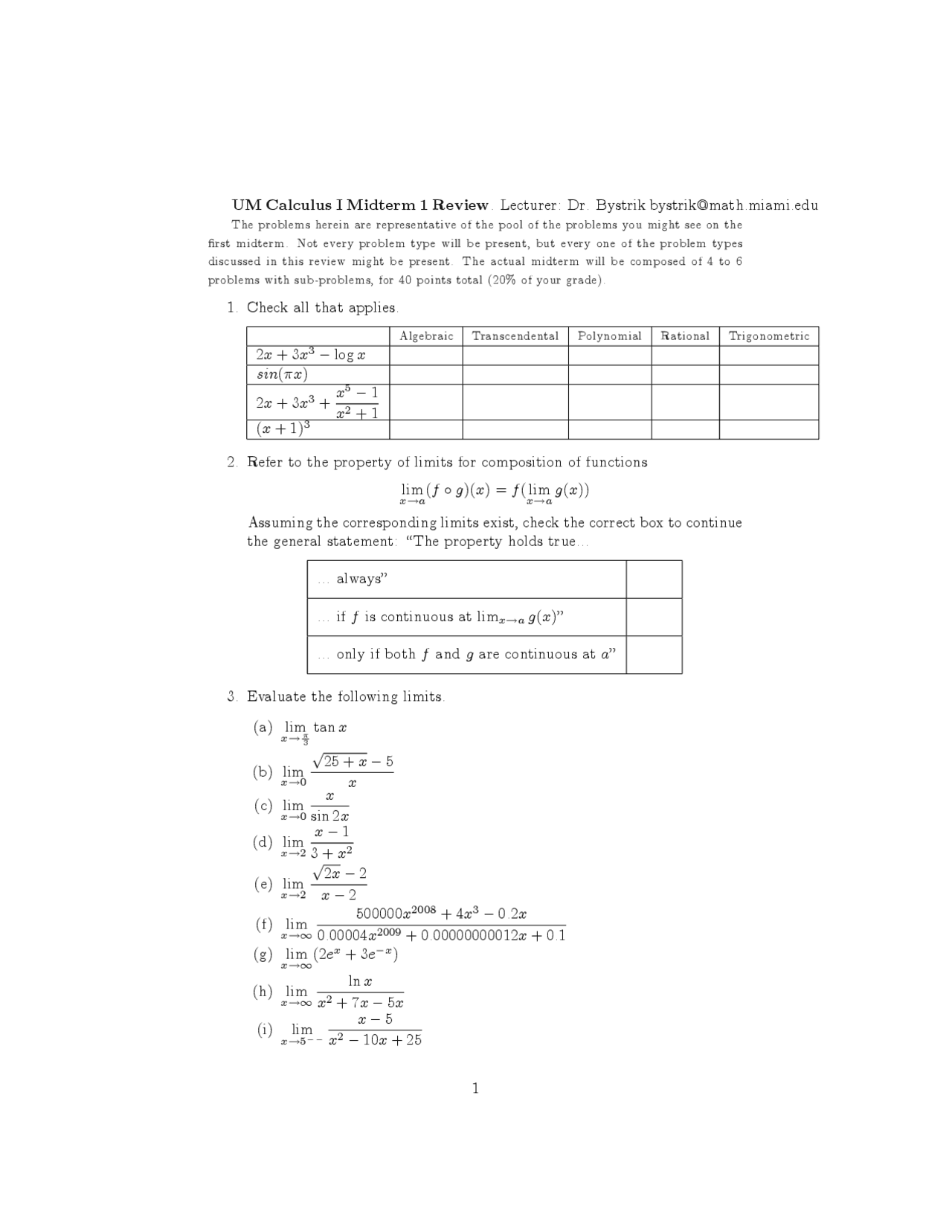 Midterm 1 Review Calculus I Engineers Mth 151 Docsity