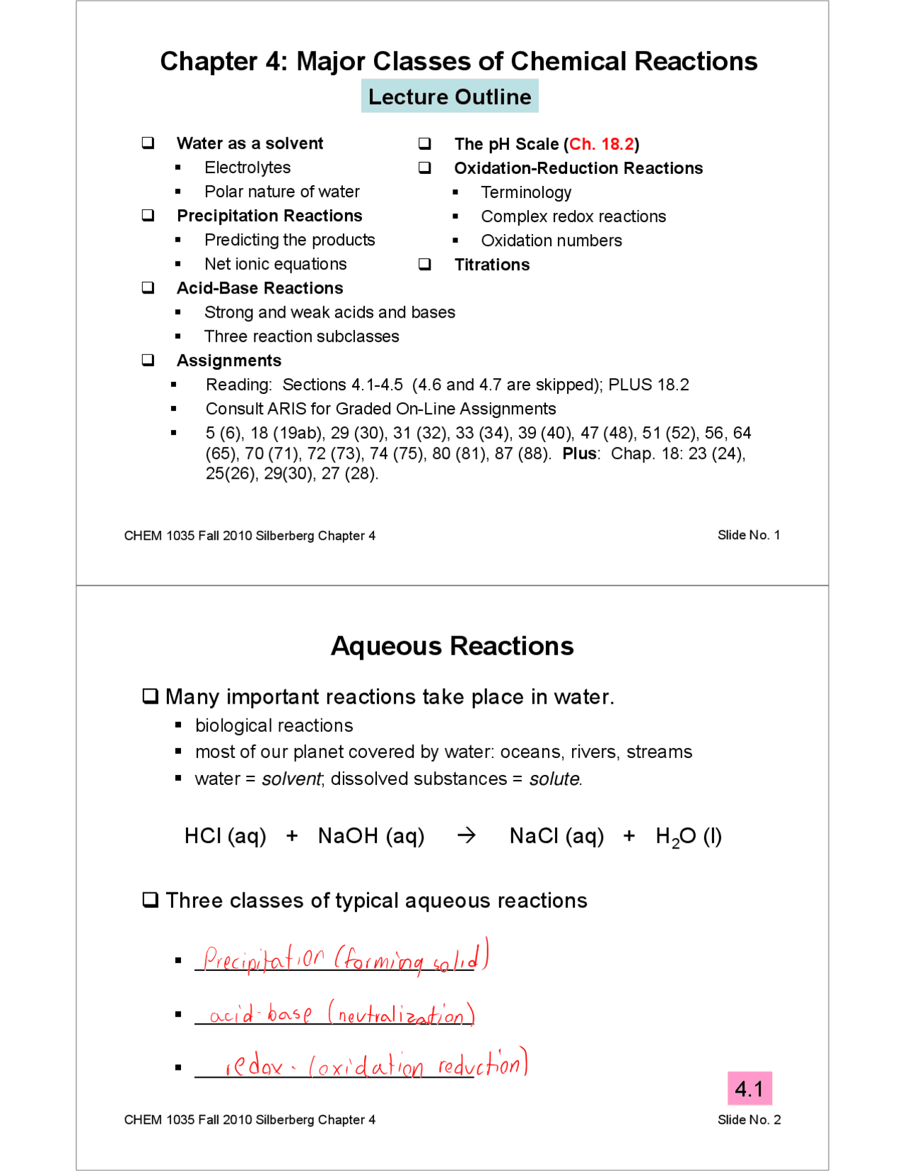 Major Classes Of Chemical Reactions Lecture Notes Chem 1035 Docsity