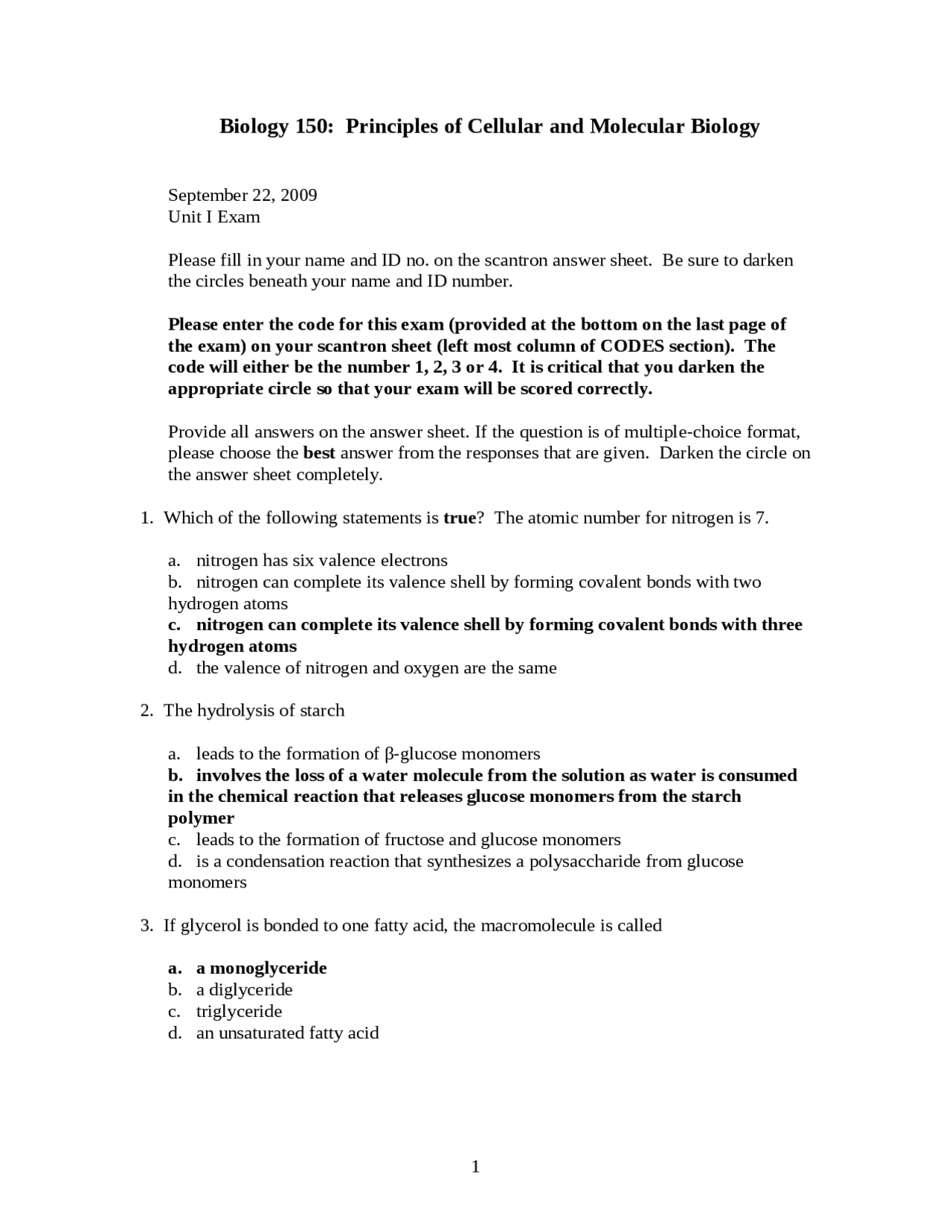 Principles Molecular and Cellular Biology - Unit Exam 1 | BIOL 150 ...