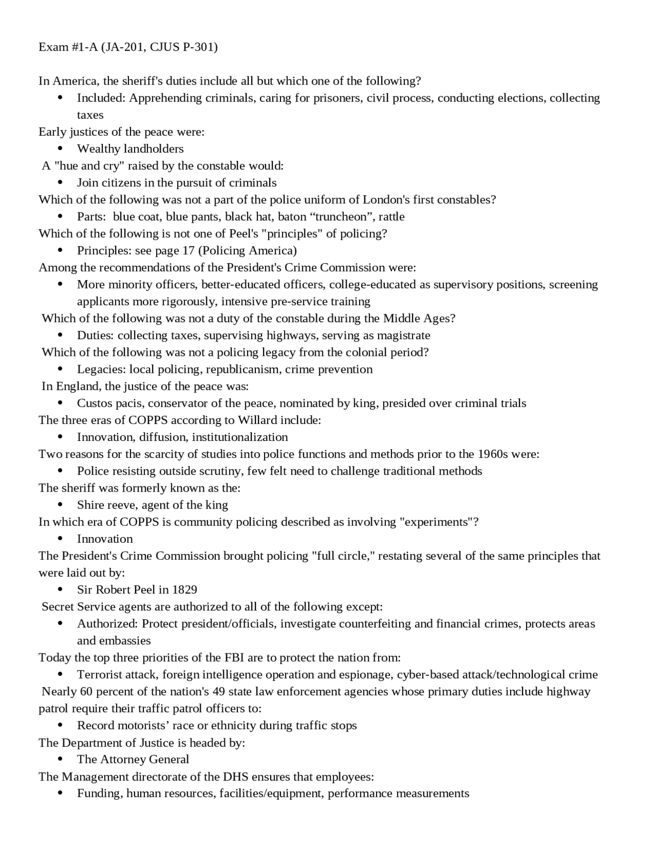 Exam 1 Study Guide | Law Enforcement in US | JA 201 | Study notes ...