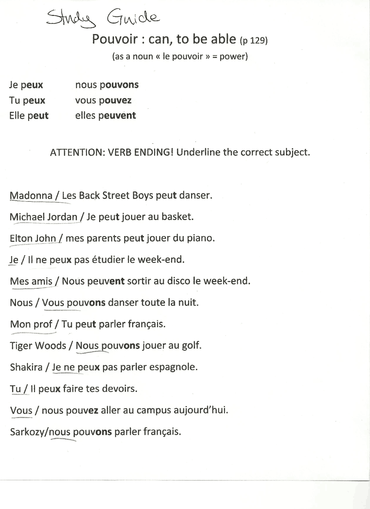 The Verb Pouvoir - French Level I - Study Guide | FREN 1001 - Docsity