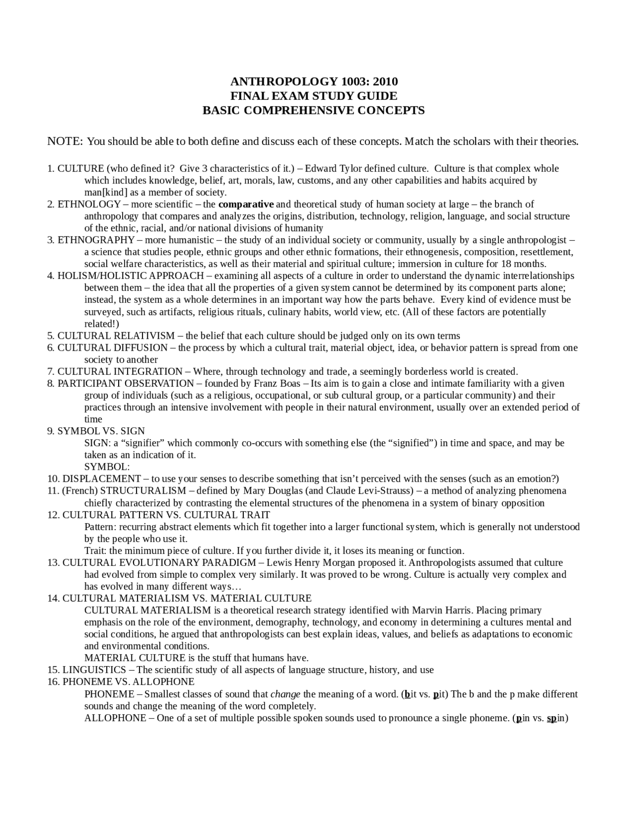 Basic Comprehensive Concepts - Final Exam Study Guide | ANTH 1003 - Docsity