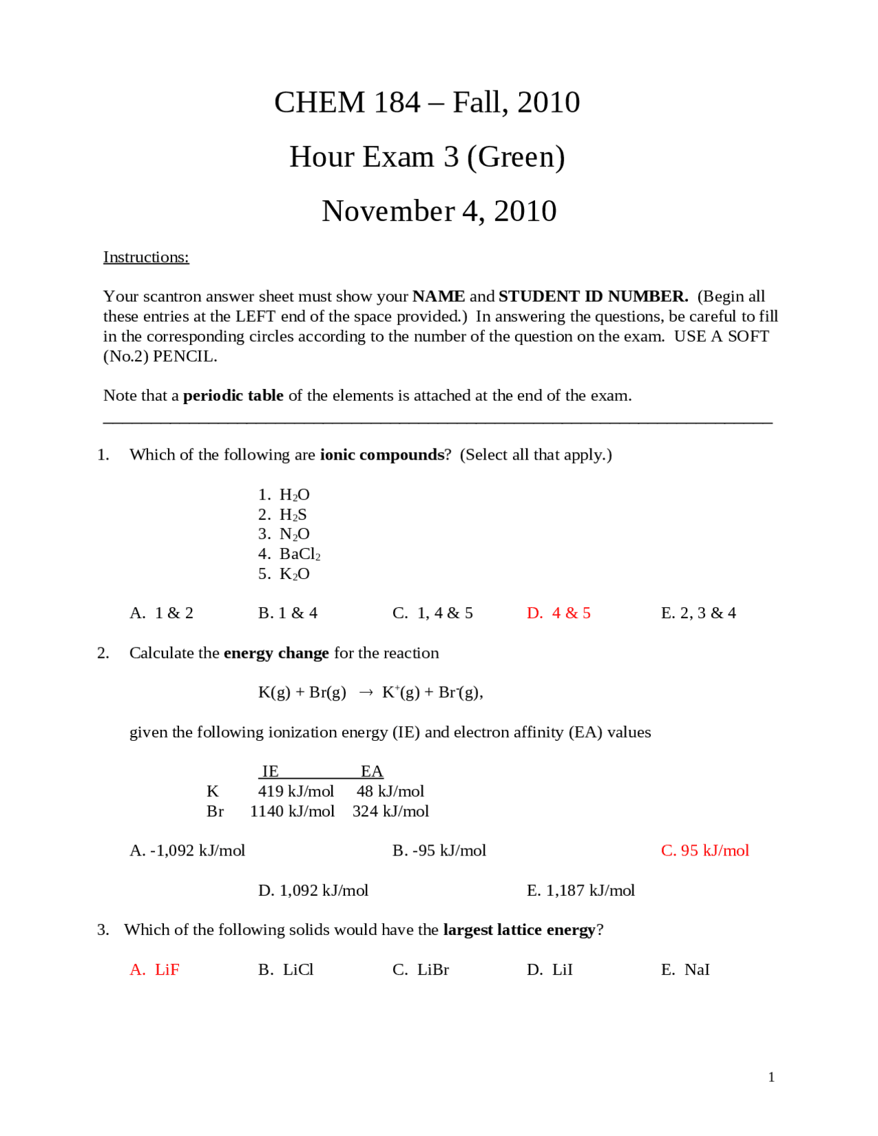 Exam 3 With Answers For Foundations Of Chemistry I Chem 184 Docsity