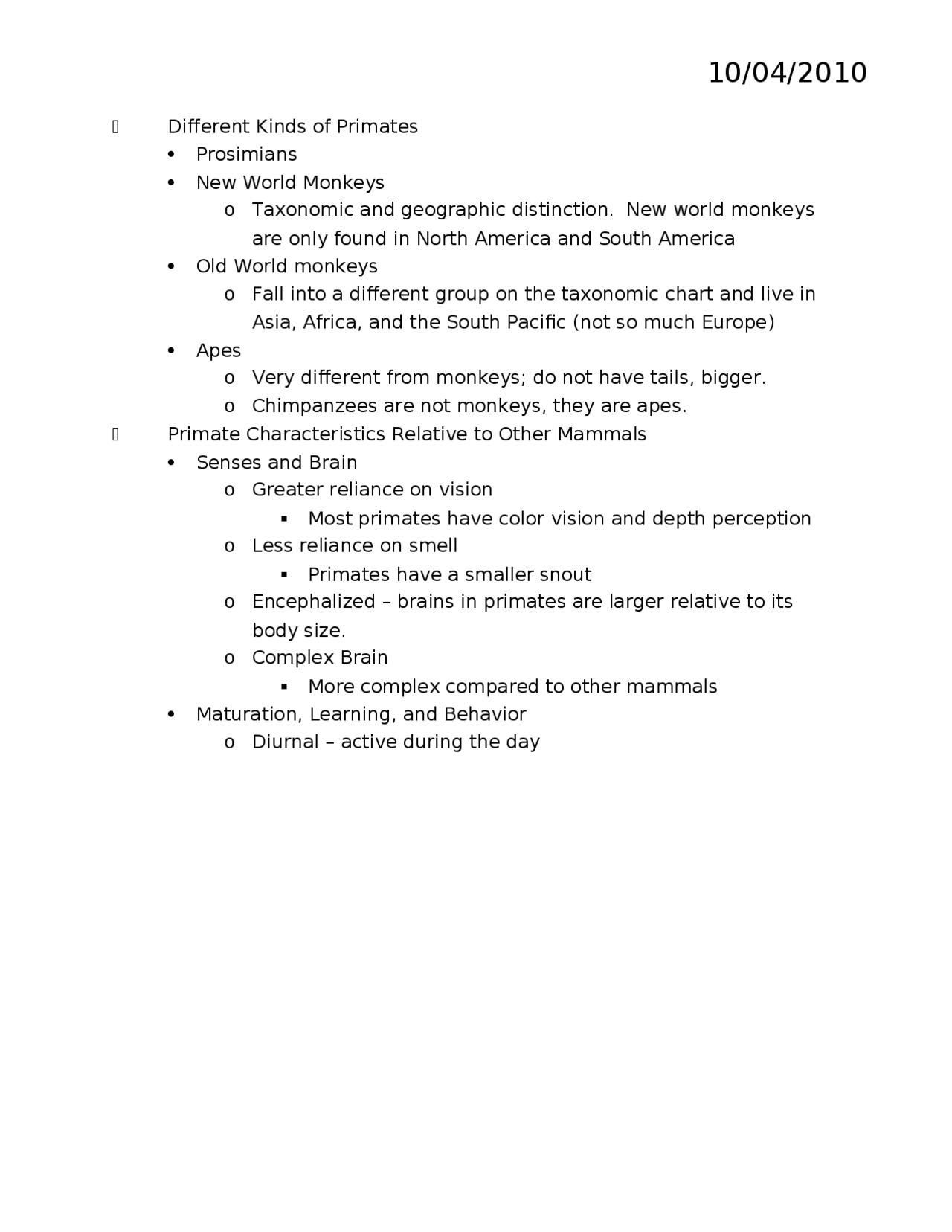 Different Kinds Of Primate Lecture Notes Anth 1001 Docsity