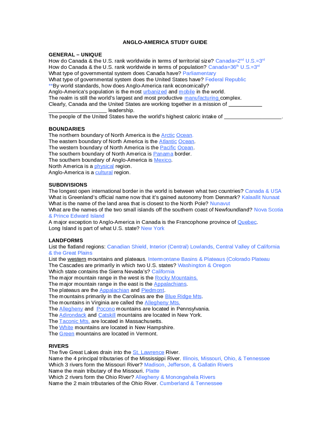Anglo America Study Guide | World Geography | GEO 135.00 - Docsity